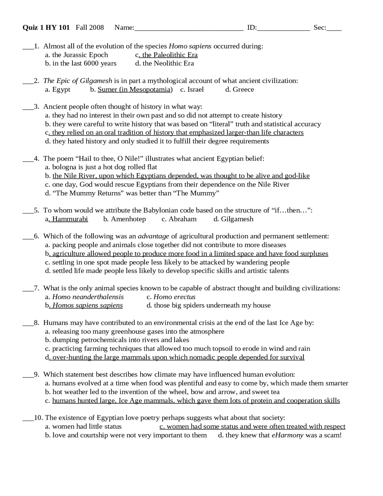 Questions on History of Western Civilization I - Quiz 1 | HY 101 ...