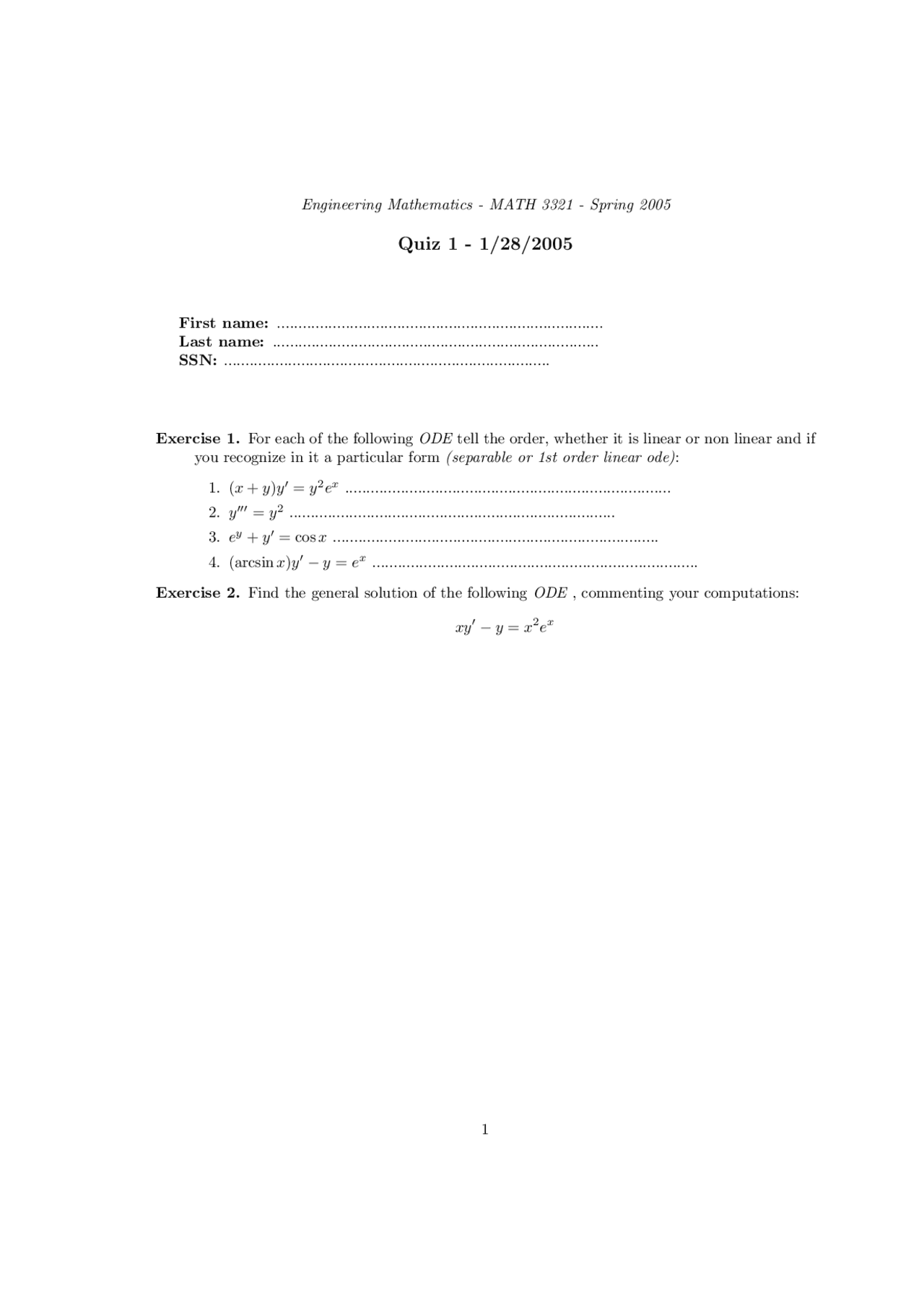 3 Exercises On Engineering Mathematics Quiz 1 Math 3321 Docsity