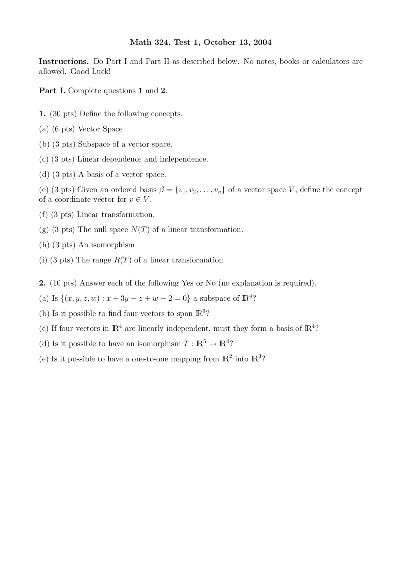 10 Questions For Exam 1 Linear Algebra Math 324 Docsity