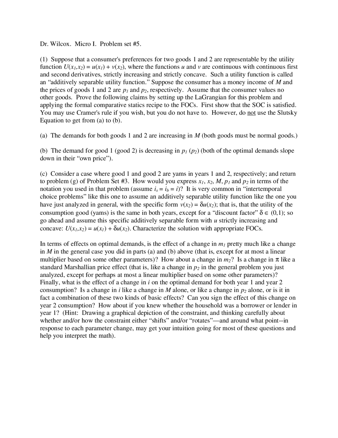 Problem Set 5 Practice Microeconomic Theory I Econ 6342 Docsity