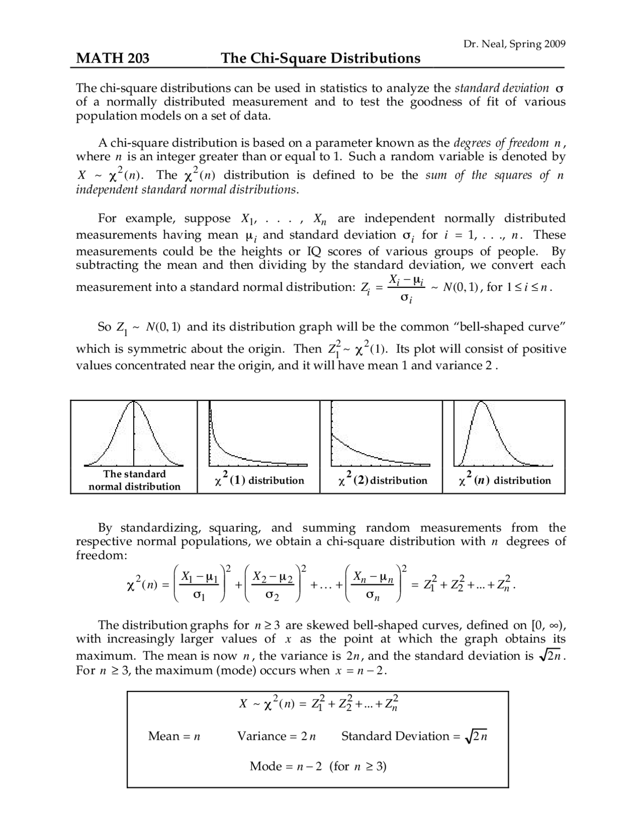 The Chi Square Distributions Statistics Notes Math 203 Docsity