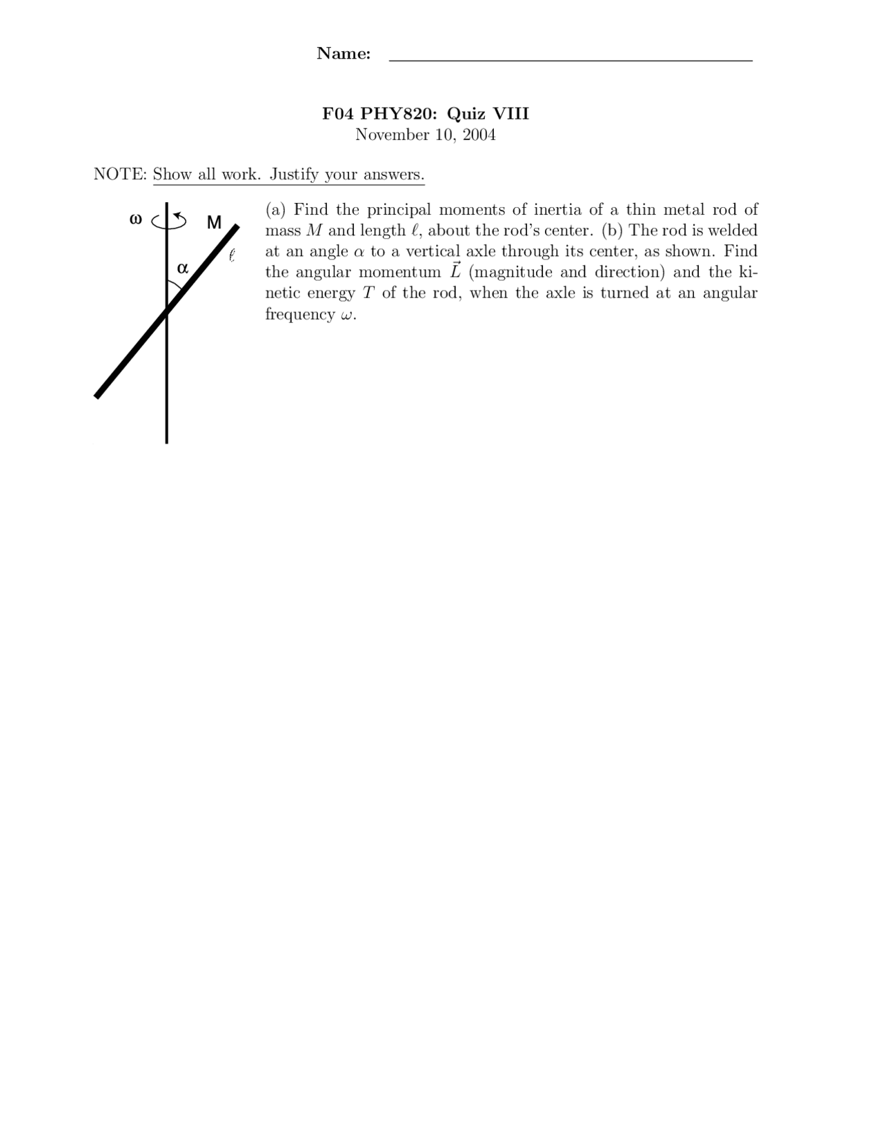 Question Quiz 8 - Classical Mechanics | PHY 820 - Docsity