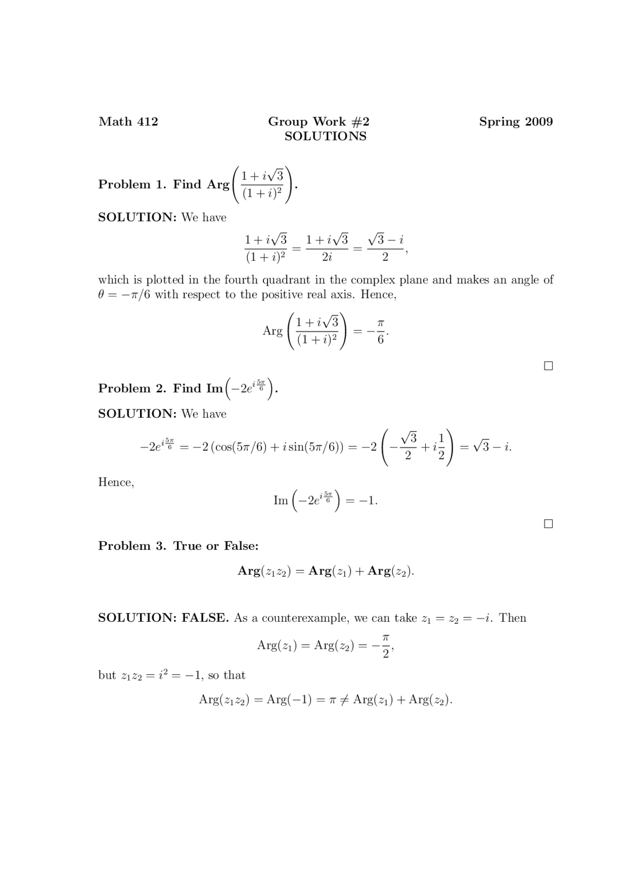 Group Work 2 With Resolution Complex Analysis Math 412 Docsity