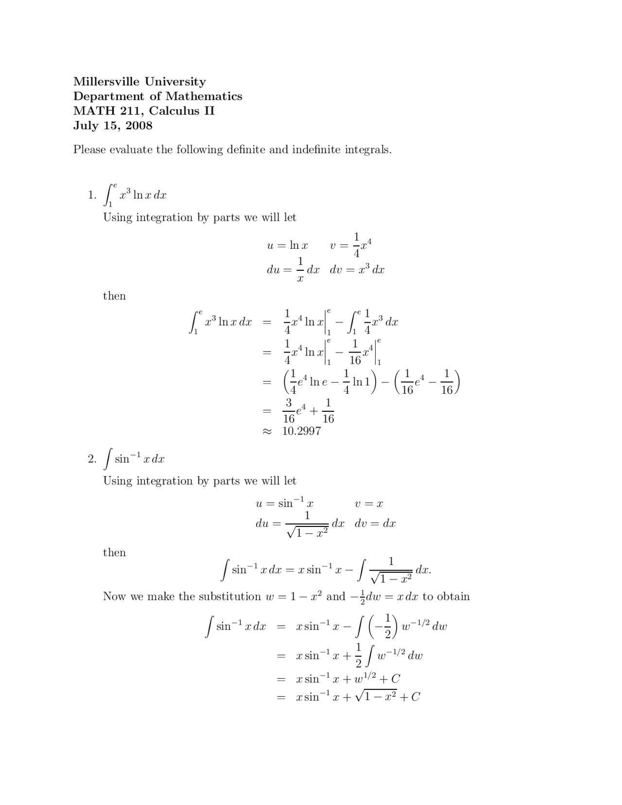 Assignment With Solution Key Calculus 2 Math 211 Docsity