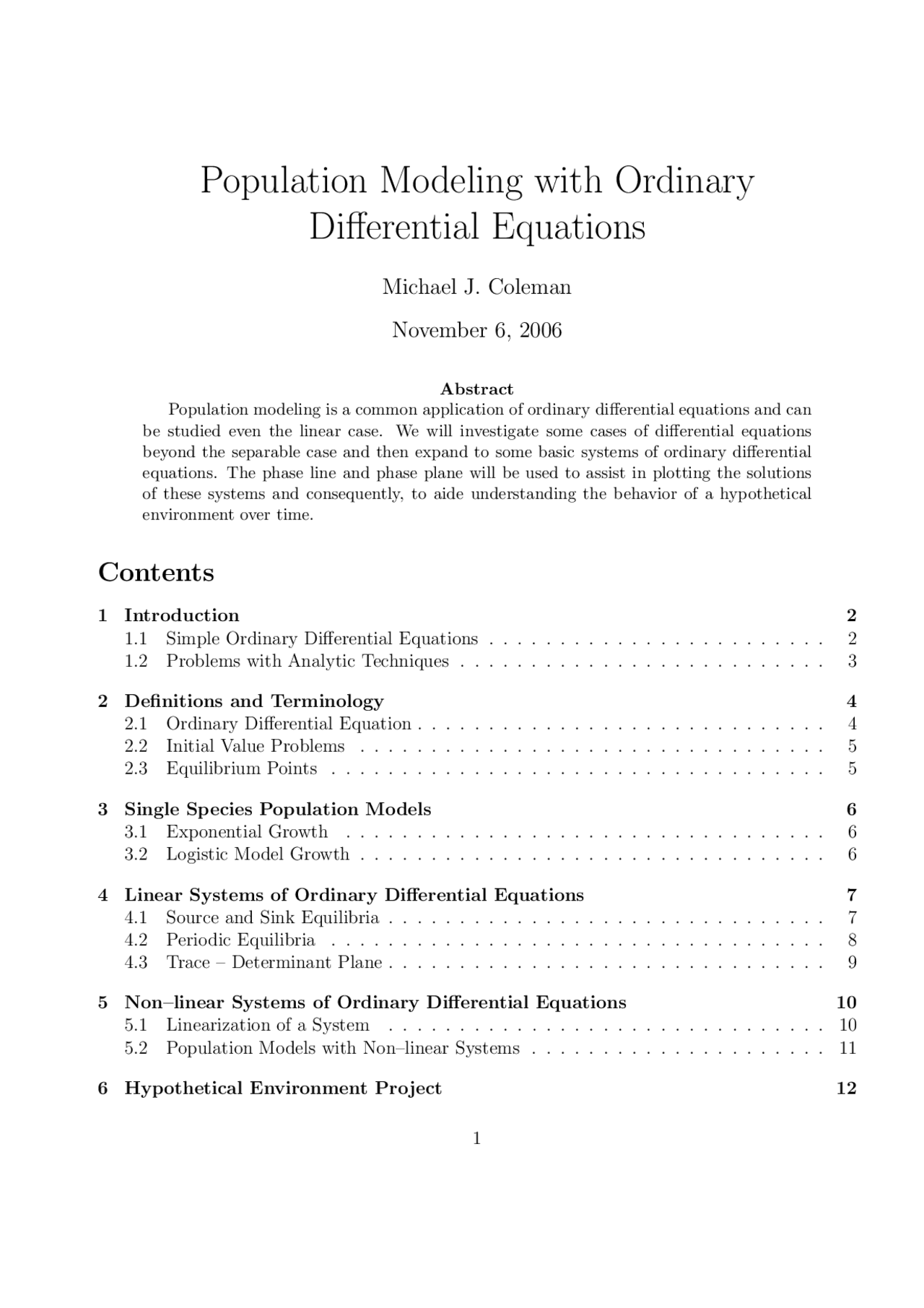 Population Modeling with Ordinary Differential Equations - Notes | MATH ...