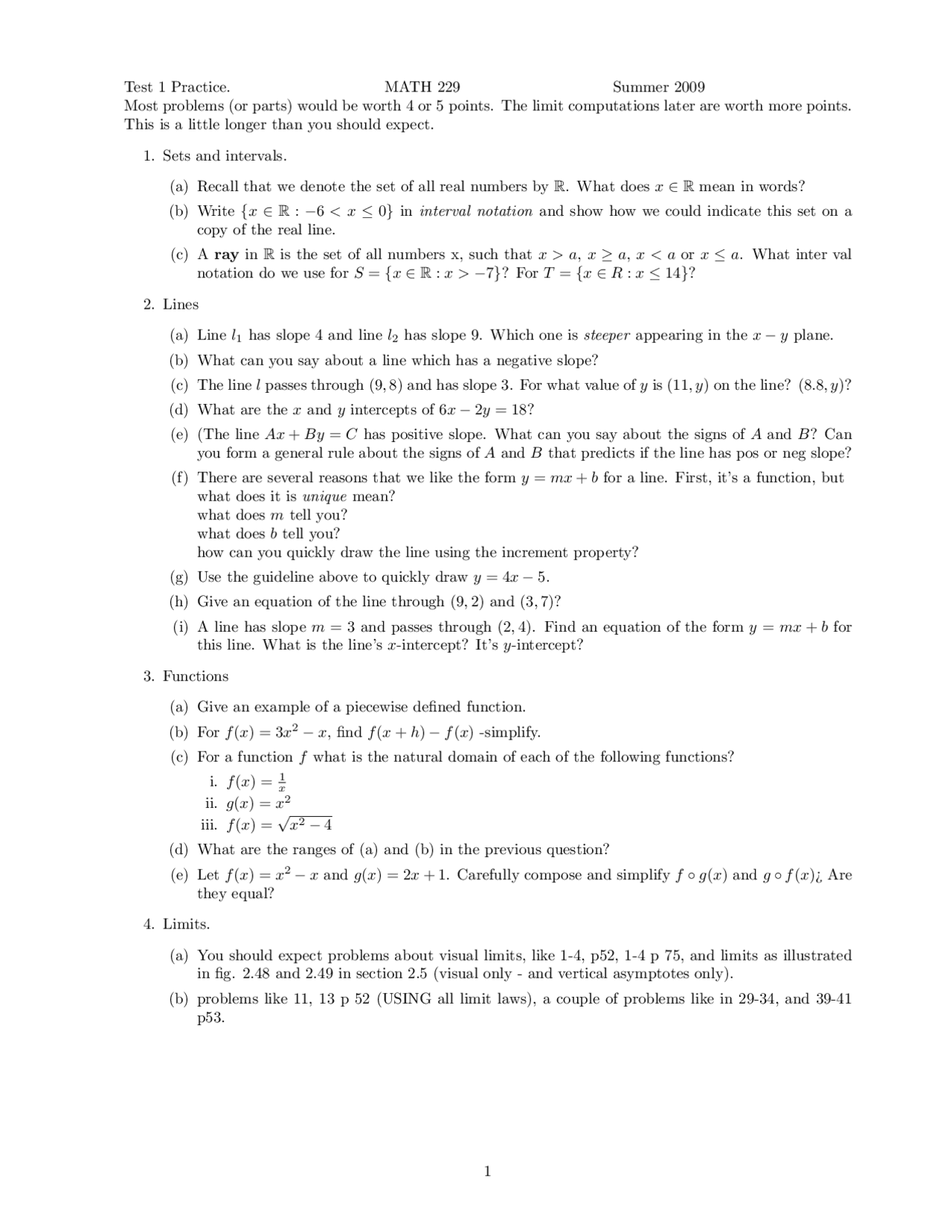 MATH 229 Summer 2009 Test 1 Practice: Linear Algebra and Functions ...