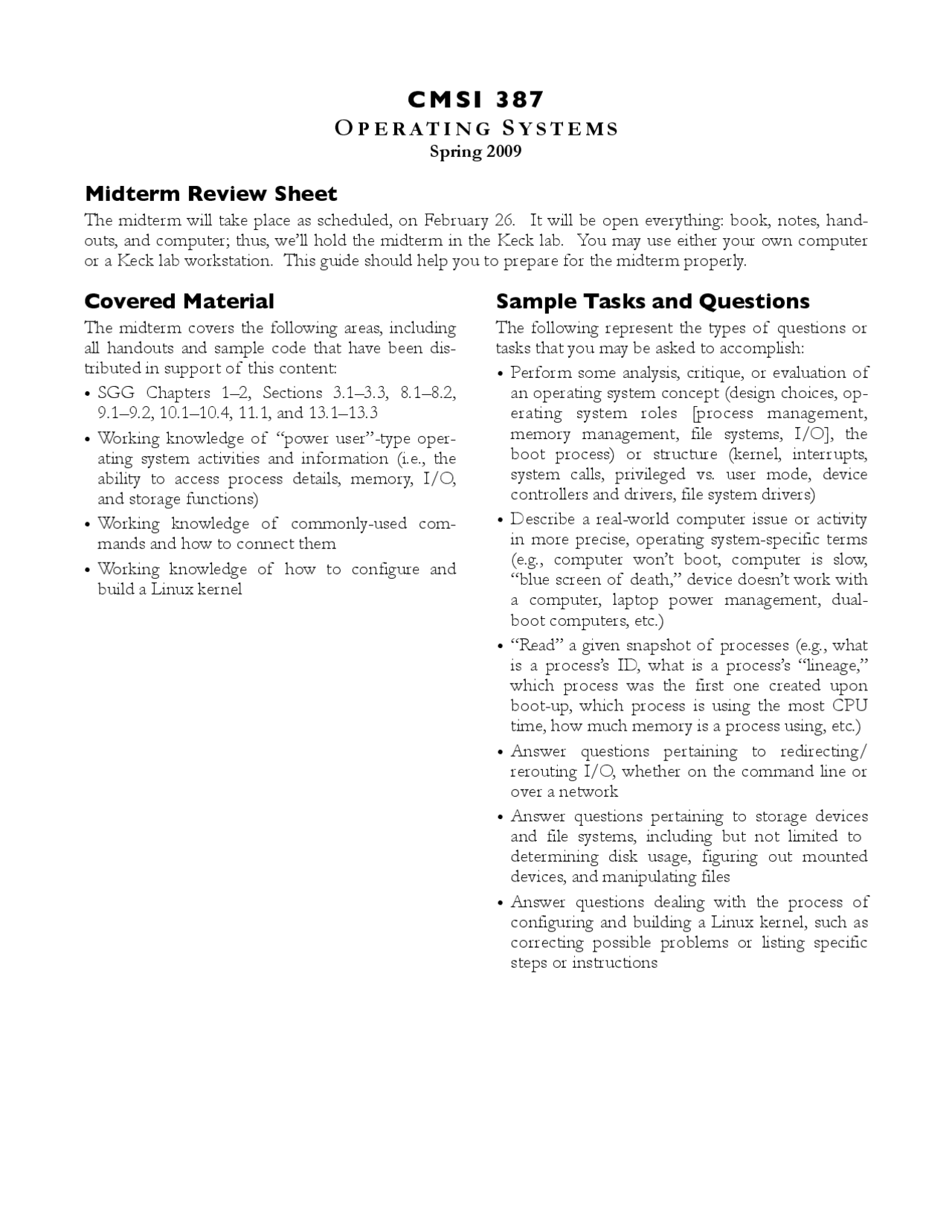 Midterm Review Sheet - Operating Systems | CMSI 387 - Docsity