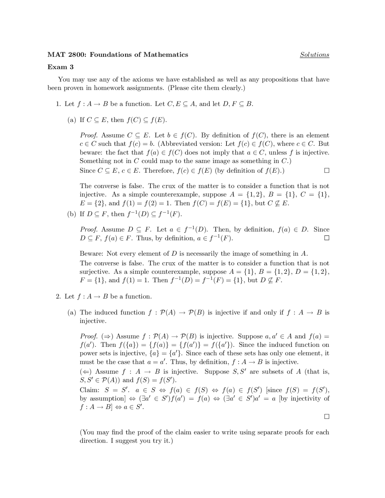 Solutions For Exam 3 Foundations Of Mathematics Mat 2800 Docsity