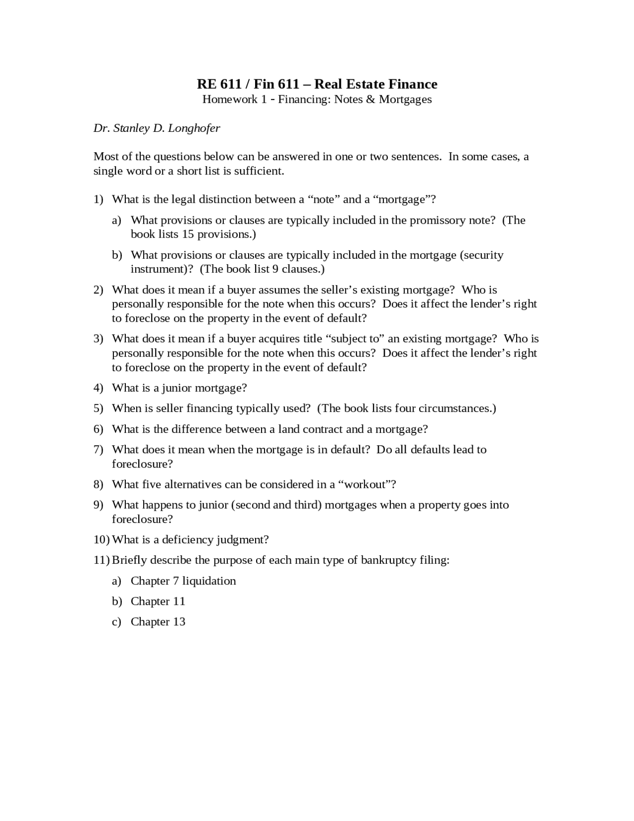 Questions For Assignment 1 Real Estate Finance Re 611 Docsity