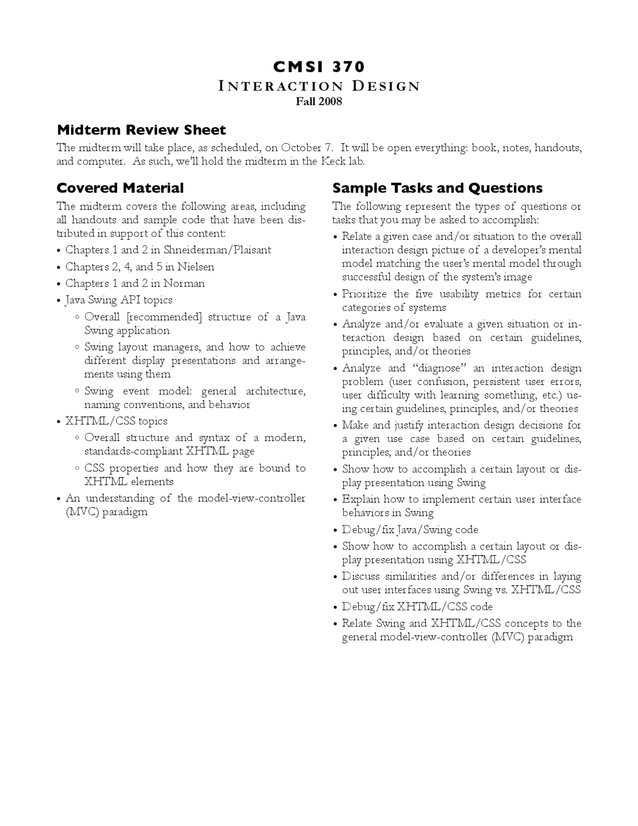 Midterm Review Sheet On Interaction Design Cmsi 370 Docsity