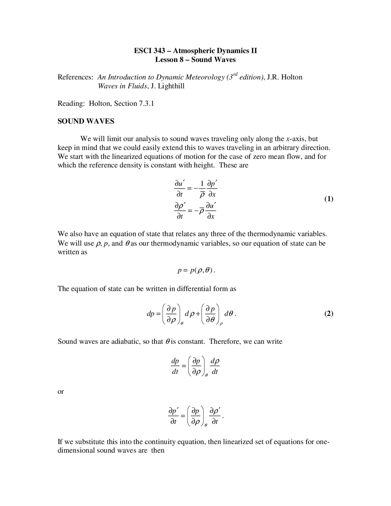 Notes On Sound Waves Atmospheric Dynamics 2 Esci 343 Docsity