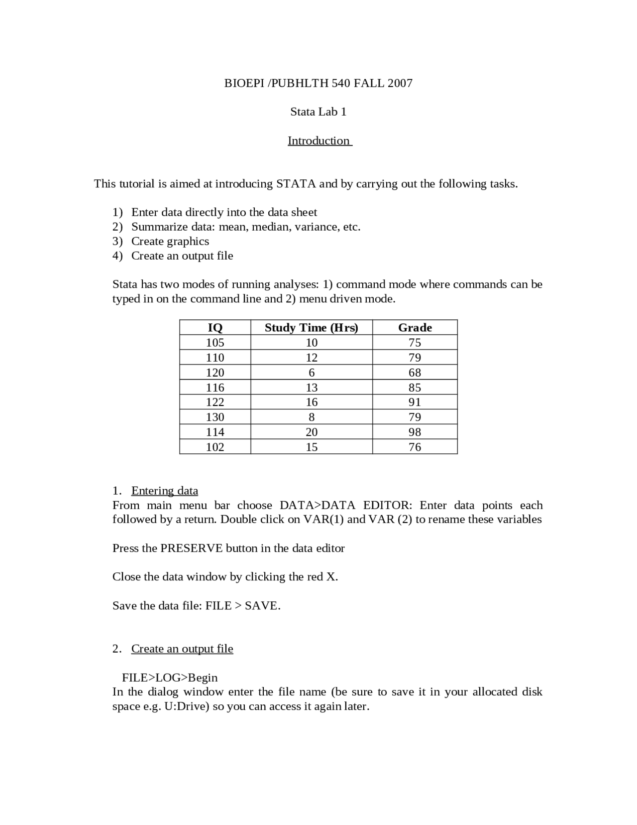 Introduction To Stata Lab Introductory Biostatistics Pubhlth 540 Docsity
