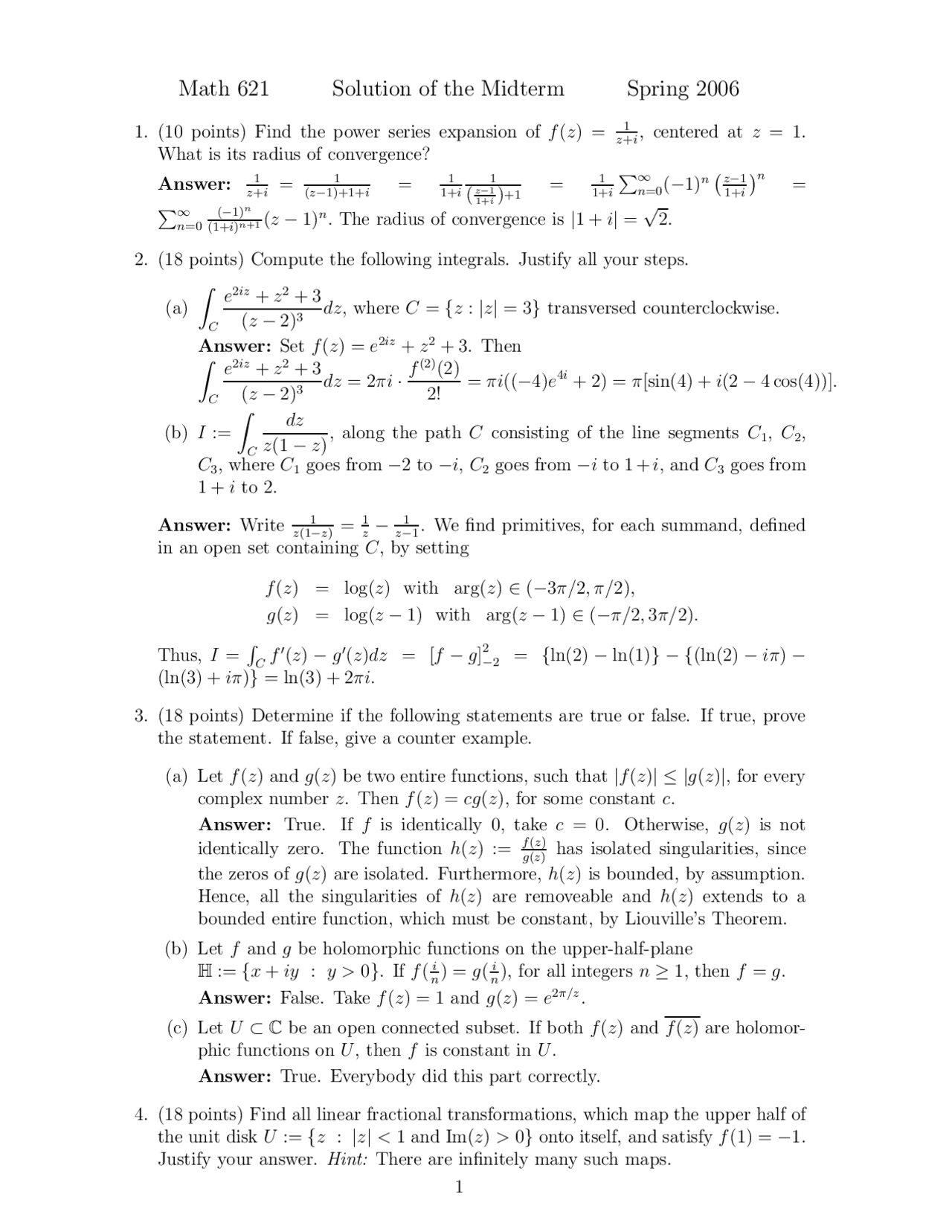 Solutions To Midterm Exam Complex Analysis Math 621 Docsity