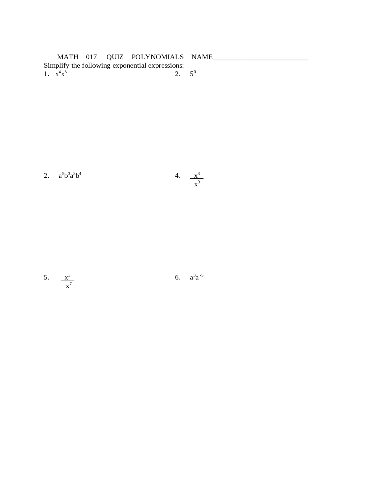 Practice Quiz For Elementary Algebra Math 017 Docsity