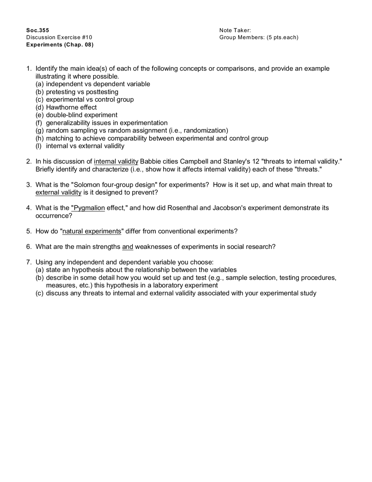 Experiments - Discussion Exercise 10 | SOC 355 - Docsity