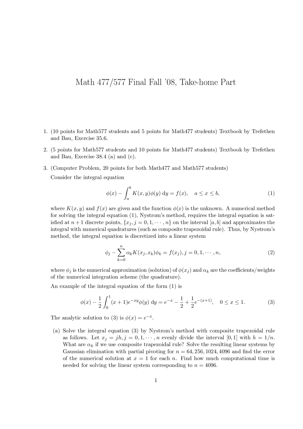 Numerical Linear Algebra - Final Exam Questions | MATH 477 - Docsity
