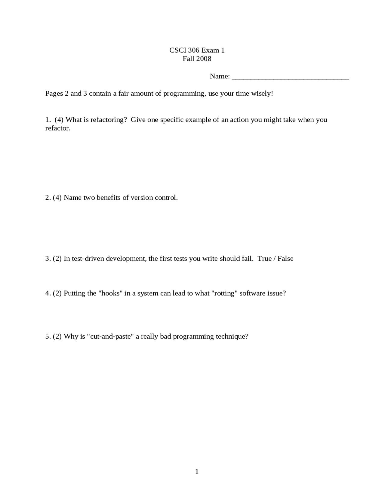 Old Exam 1 Questions Software Engineering Csci 306 Docsity