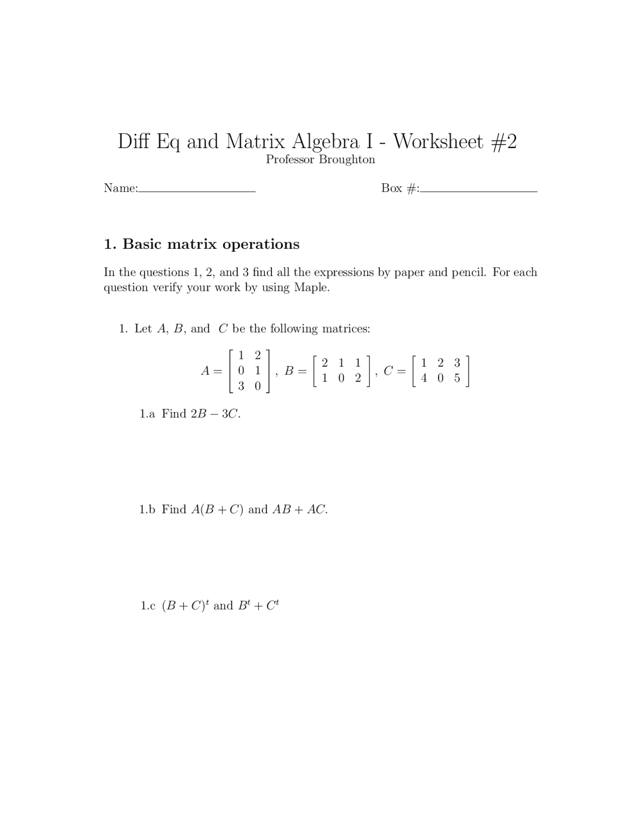 Worksheet 2 Questions On Differential Equations Matrix Algebra I Ma