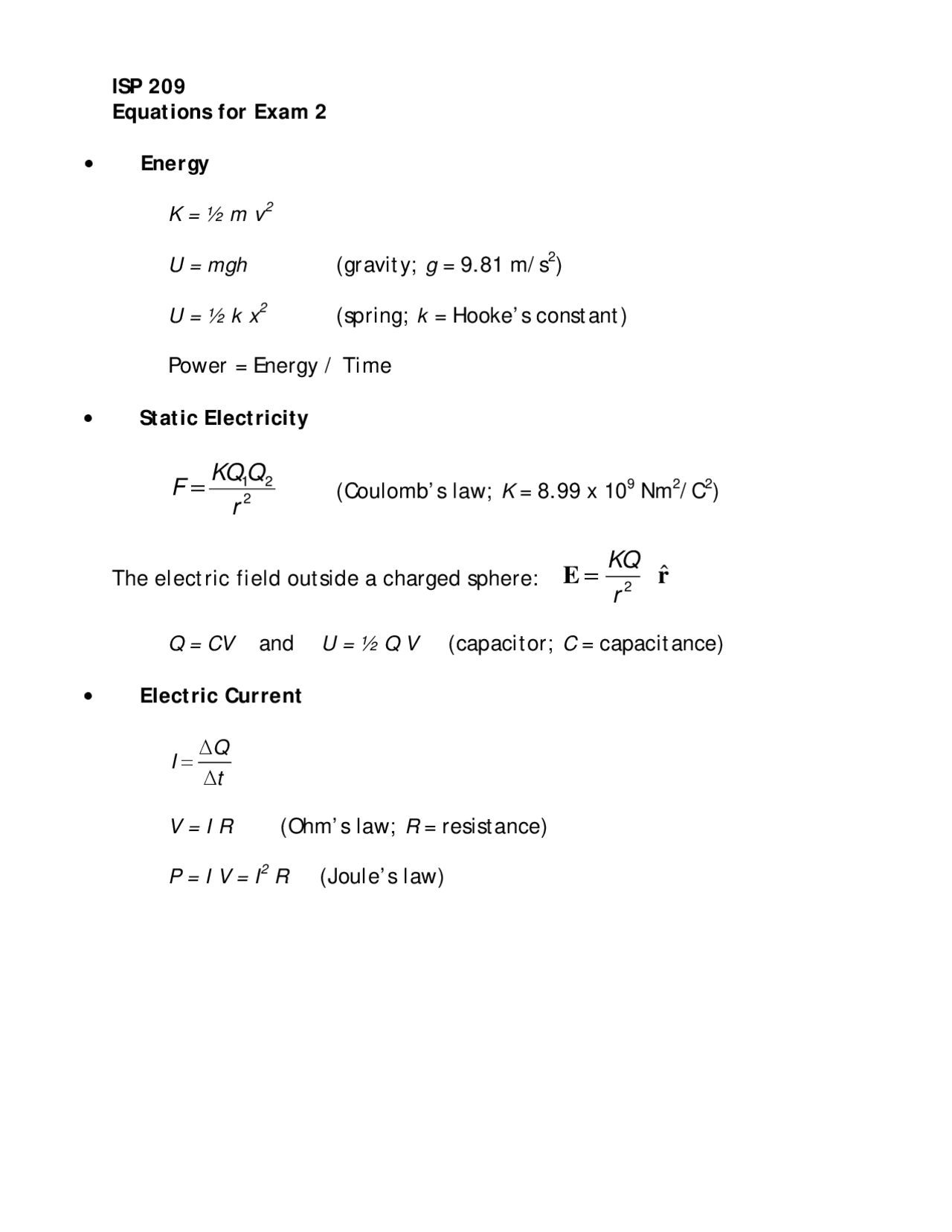 Cribsheet Equations For Exam 2 On Physical World Isp 209 Docsity