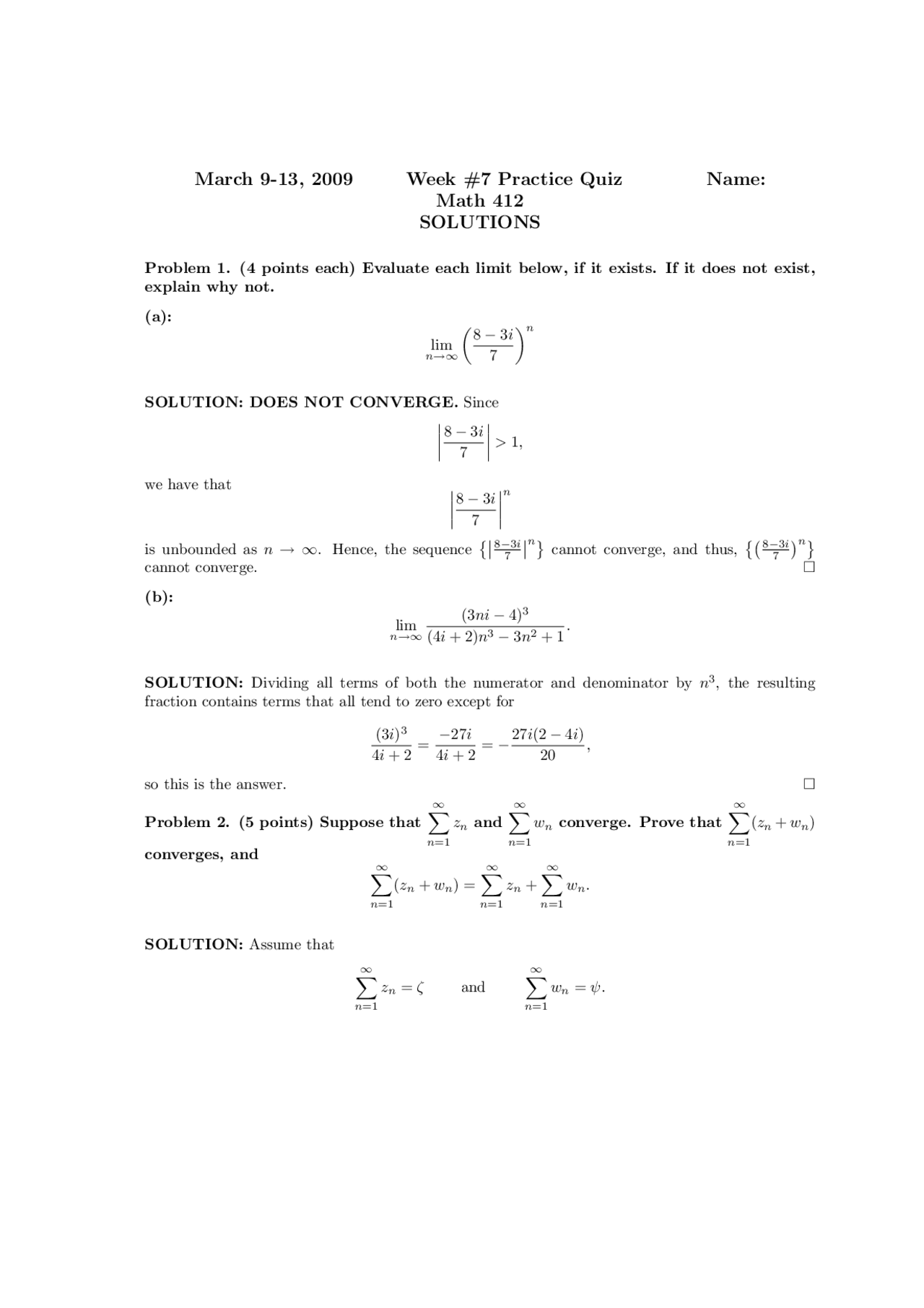 Resolution For Practice Quiz Complex Analysis Math 412 Docsity
