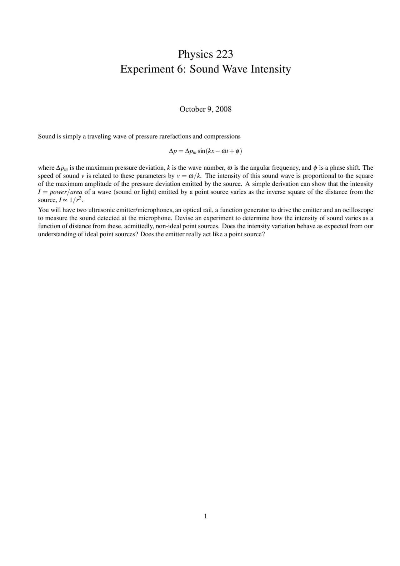 Sound Wave Intensity General Physics Iii Experiment 6 Phys 223