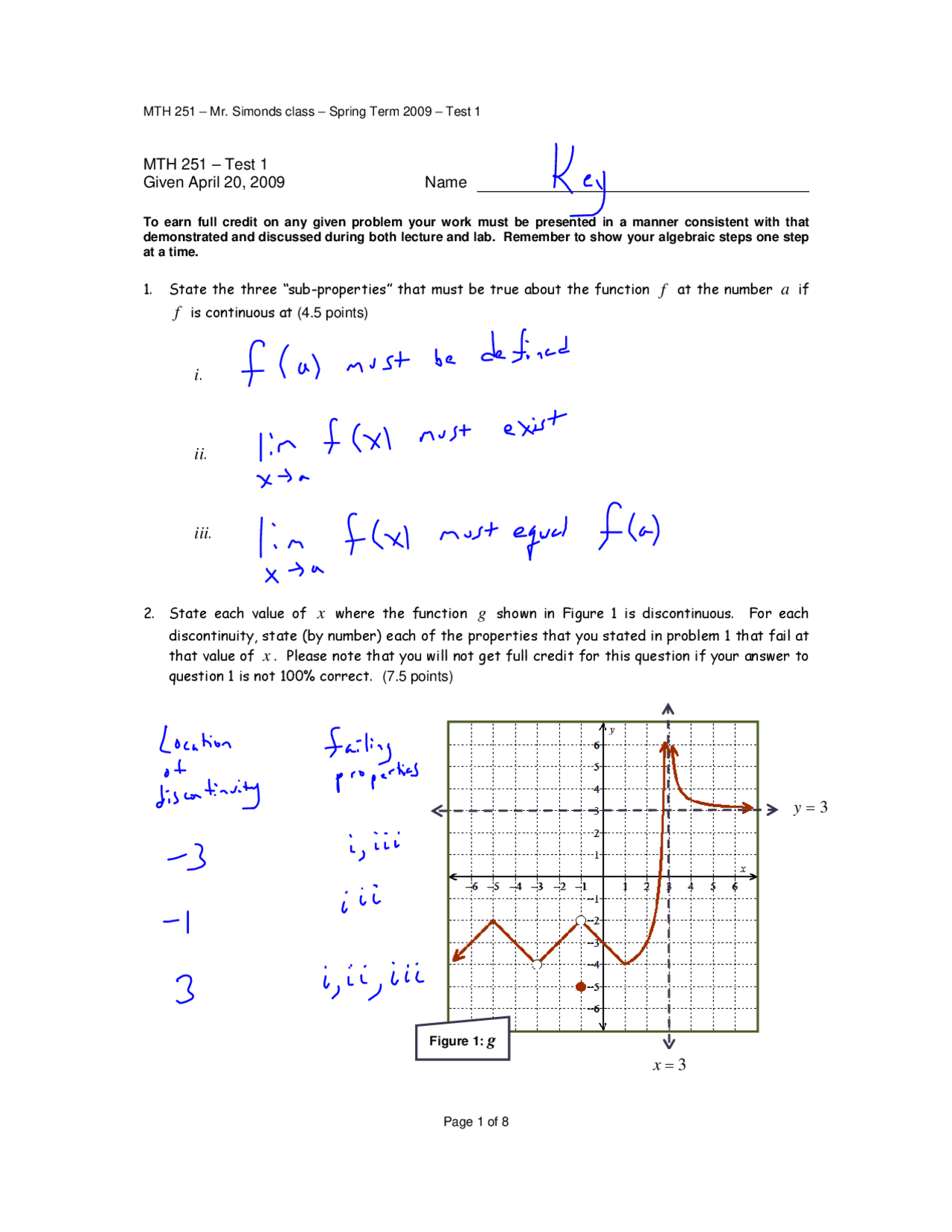 MTH 251 Spring Term 2009 Test 1: Mathematics Problems | Exams Calculus ...