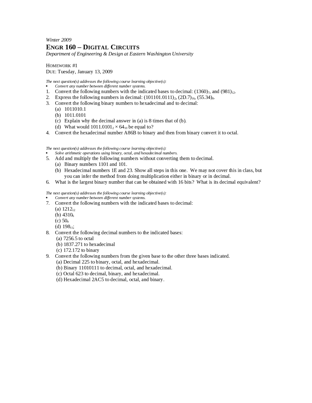 9 Questions In Assignment 1 Digital Circuits Engr 160 Docsity