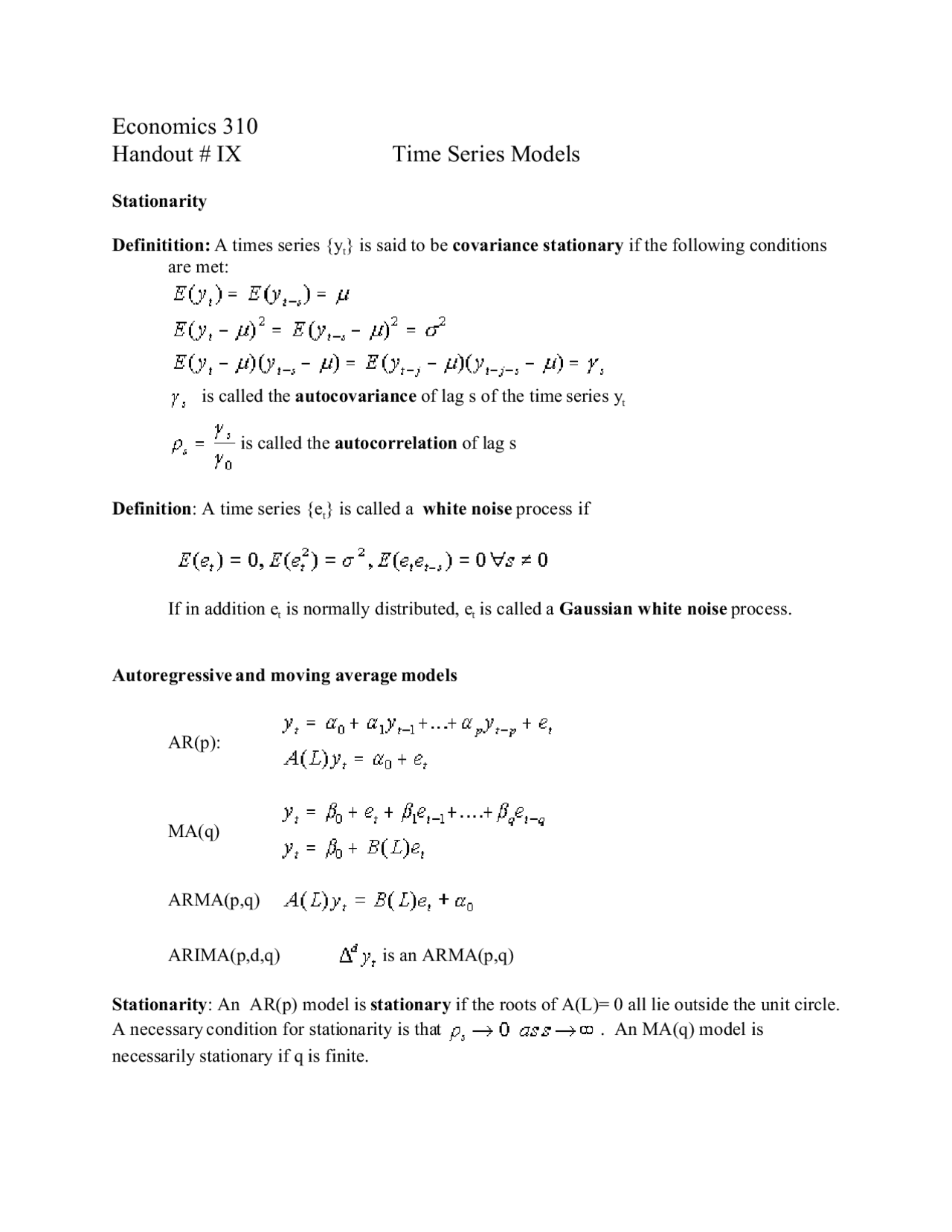 Time Series Models - Advanced Topics in Econometrics - Handout | ECON ...