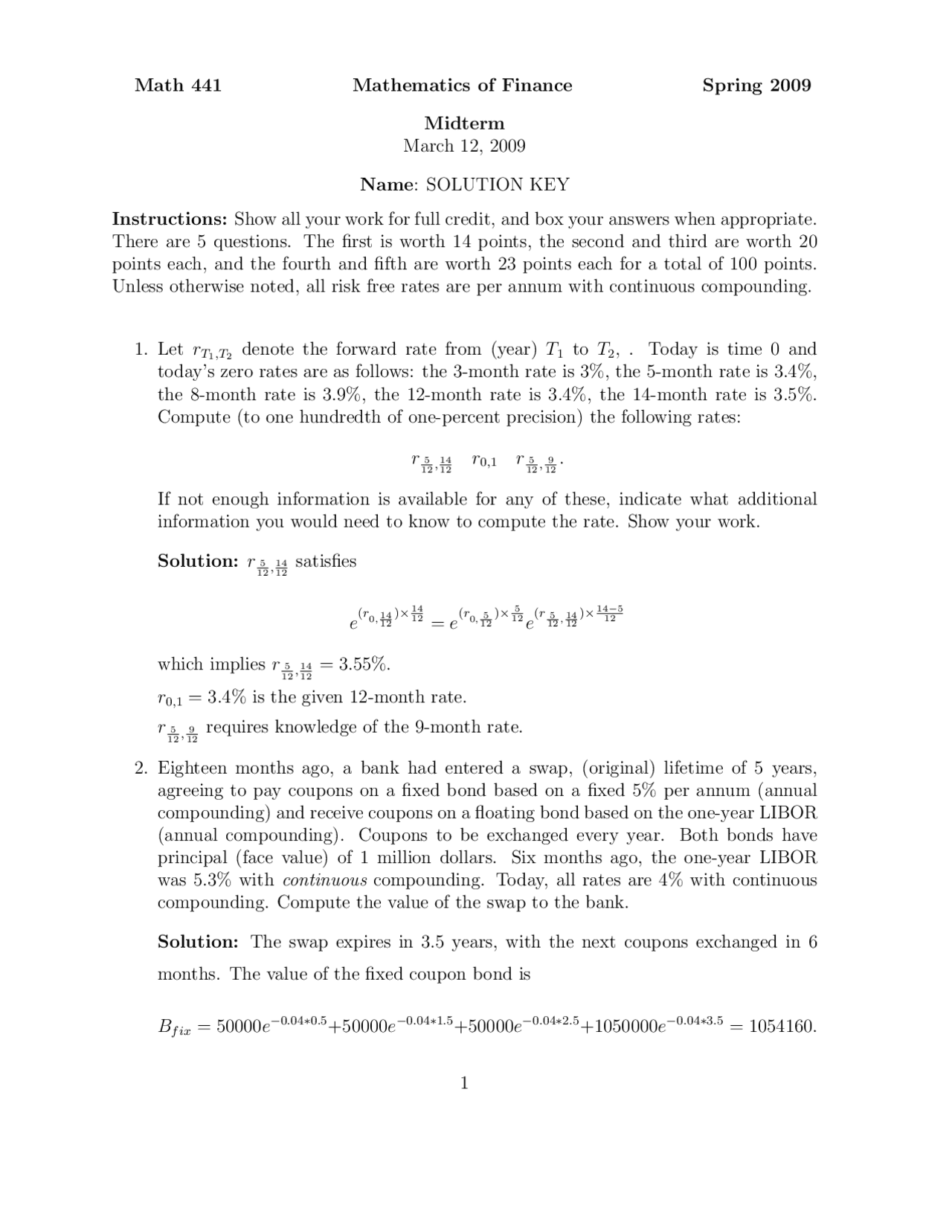 5 Solved Problems On Financial Mathematics Midterm Exam Math 441