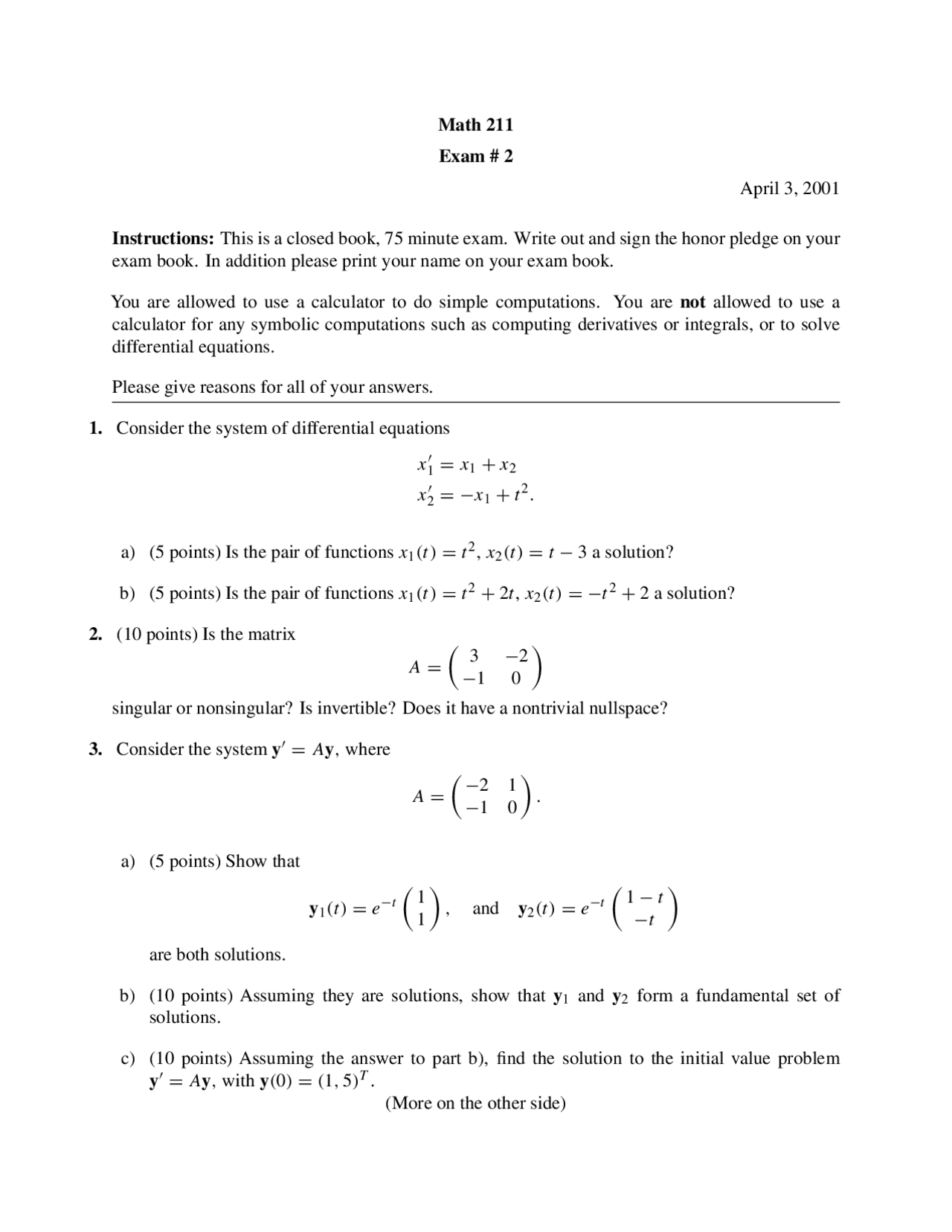 Exam 2 for Ordinary Differential Equation | MATH 211 - Docsity