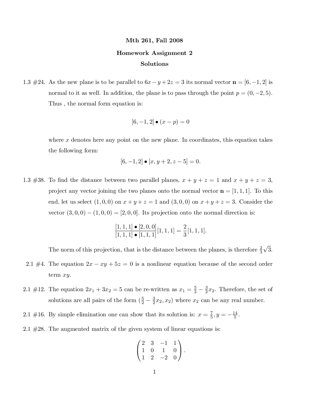 Mth 261, Fall 2008 HW2 Solutions: Plane Equations, Distance, Nonlinear Equations | Assignments ...