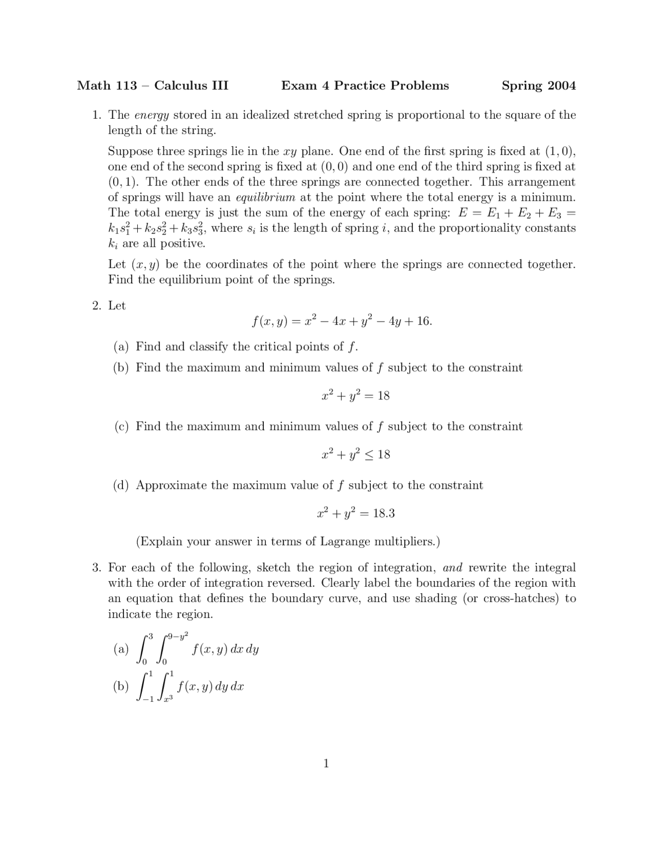 Exam 4 Practice Problems For Calculus Iii Multivariable Math 113