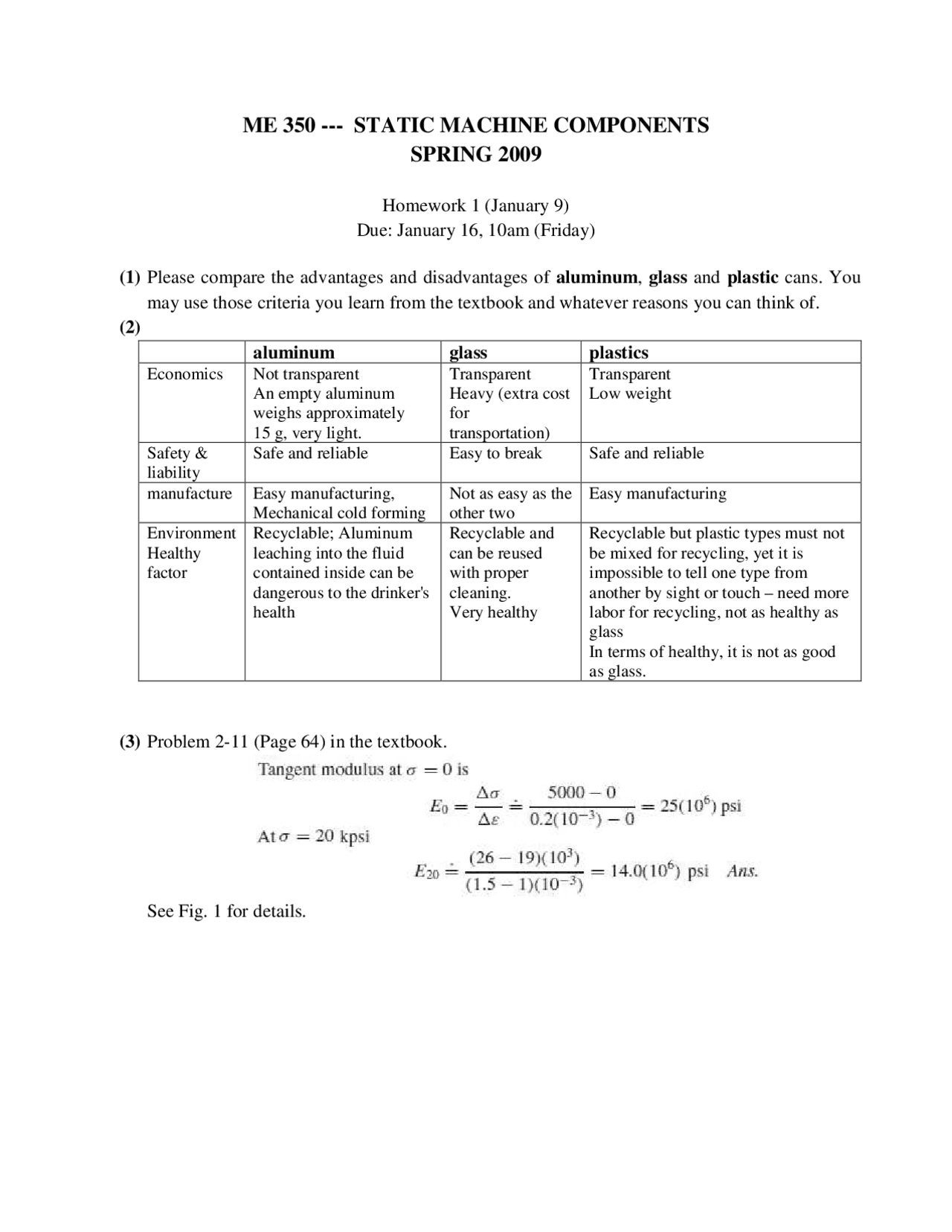Static Machine Components Homework 1 Practice Problems Me 350 Docsity