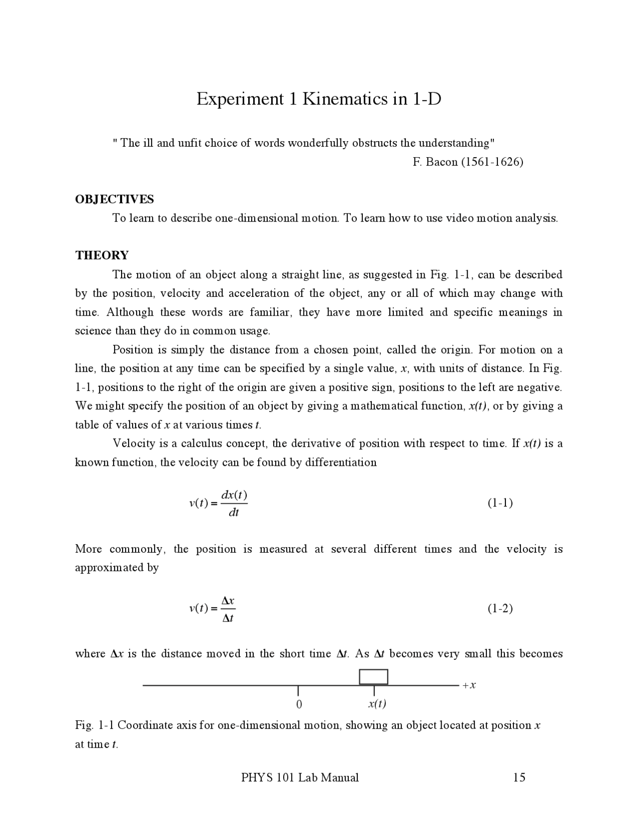 Experiments 1: Kinematics in1D - Mechanics | PHYS 101 - Docsity