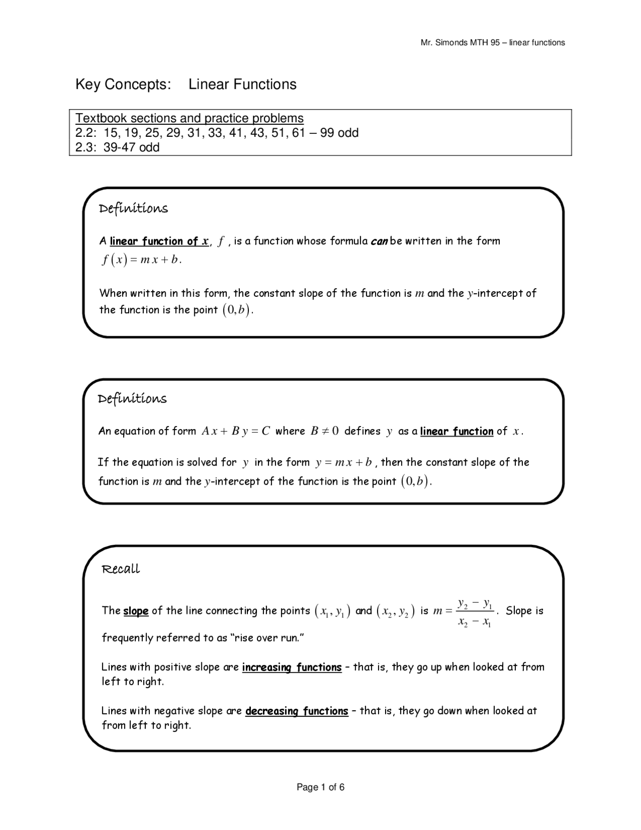 Linear Functions Unsolved Examples Intermediate Algebra Mth 95