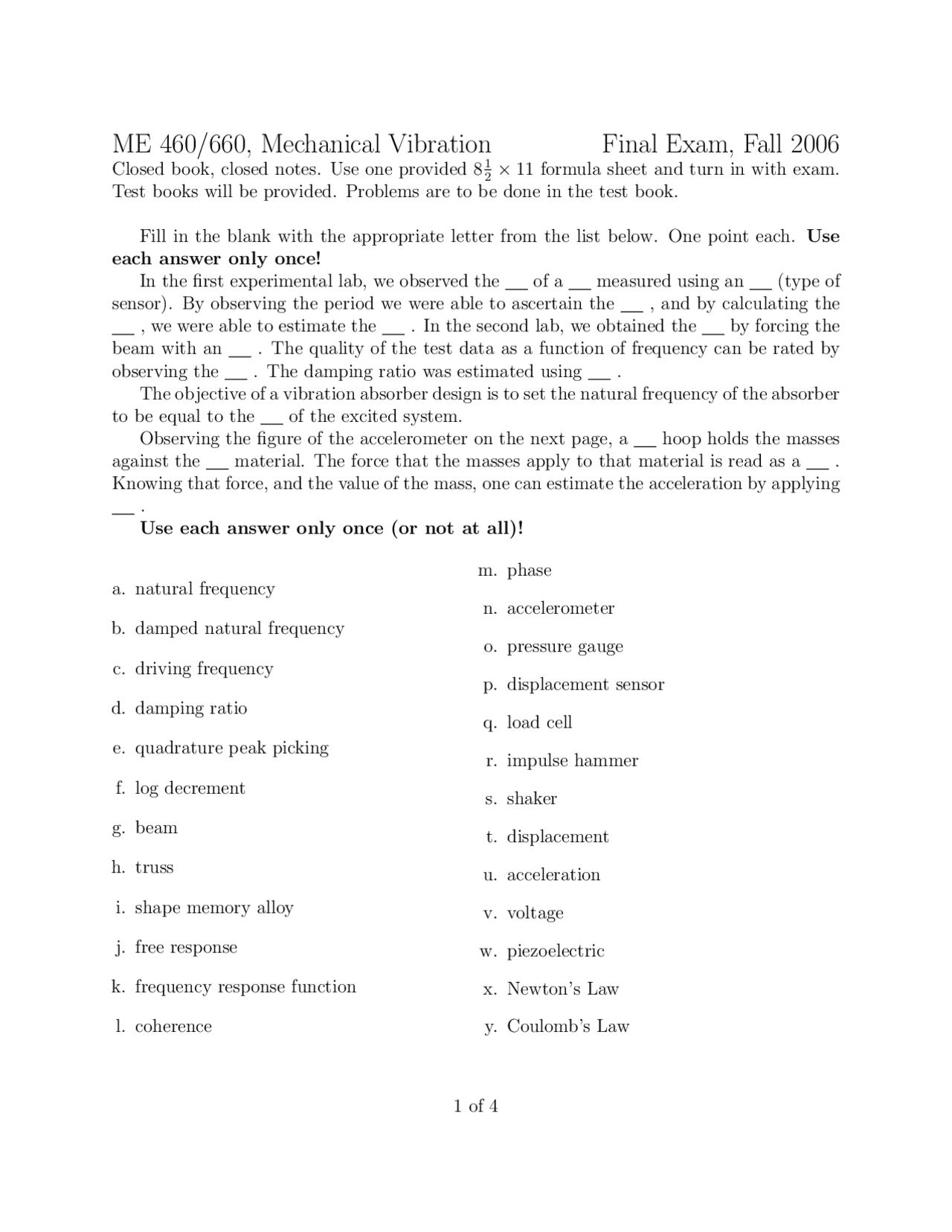 Practice Final Exam - Mechanical Vibrations | ME 460 - Docsity