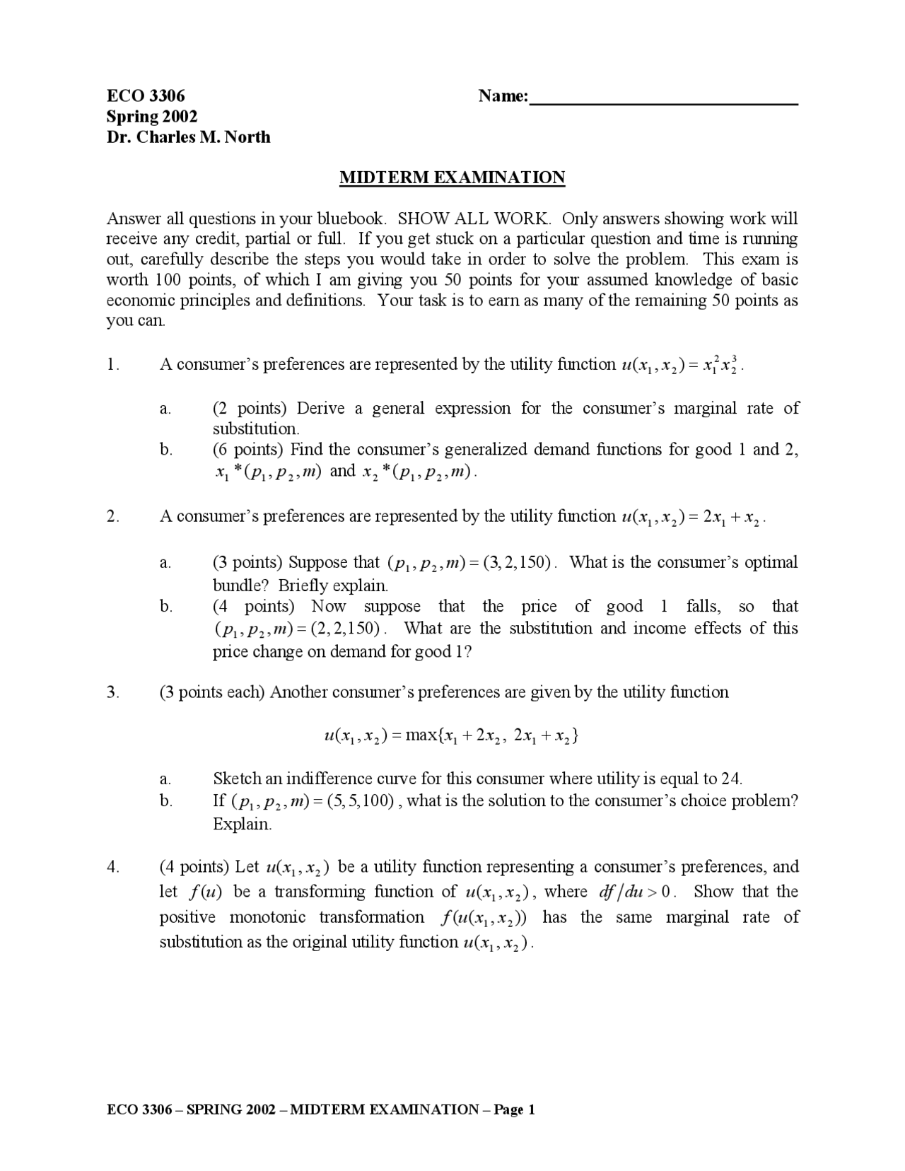 Questions For Midterm Intermediate Microeconomic Analysis Eco 3306