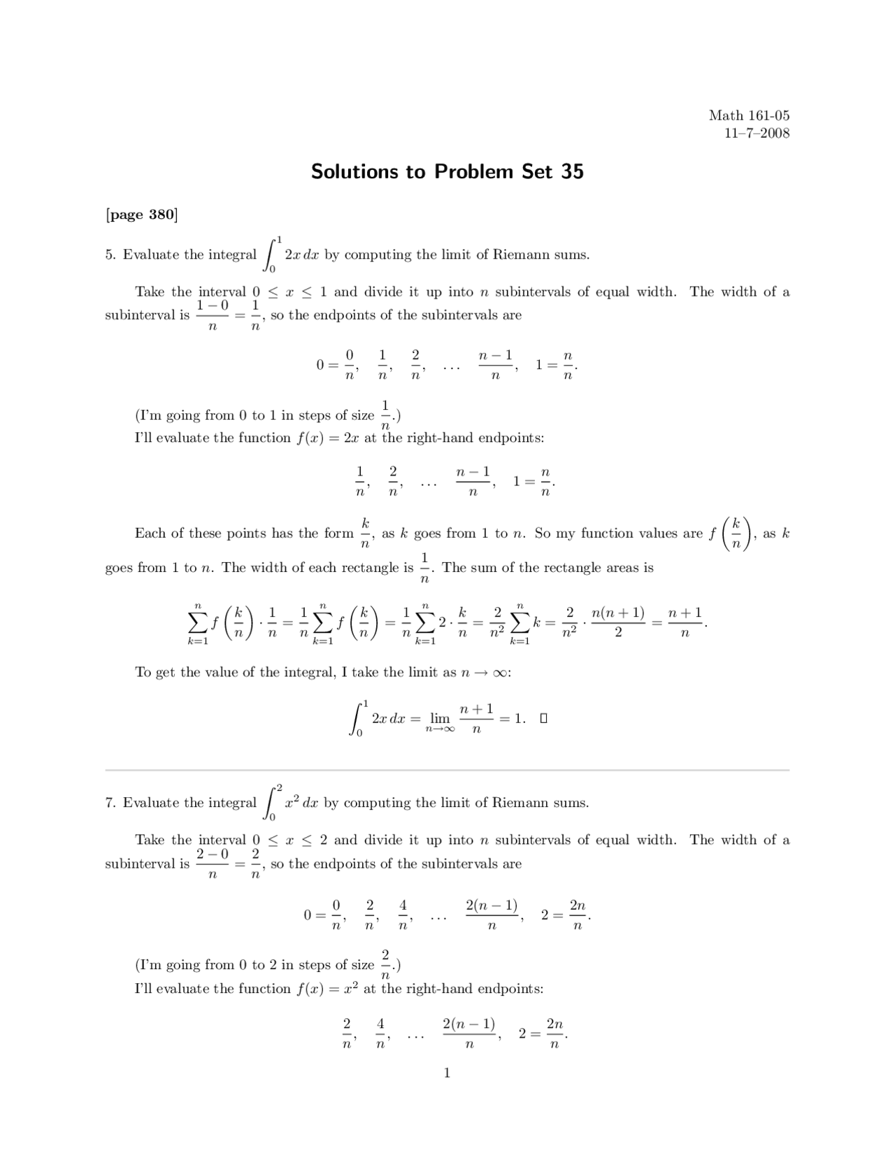 Solutions for Problem Set 35 - Calculus 1 | MATH 161 - Docsity