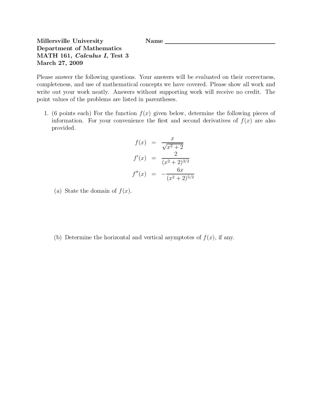 Exam 3 Review Questions - Calculus 1 | MATH 161 - Docsity