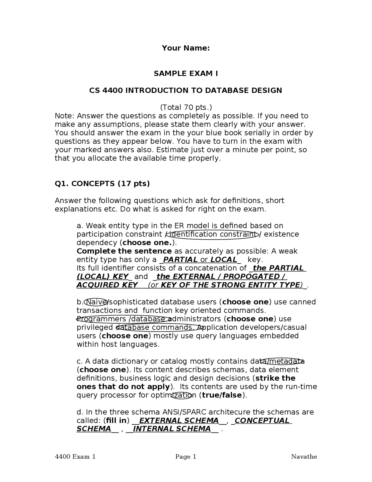 Sample Examination 1 Introduction To Database Systems Cs 4400 Exams Deductive Database 