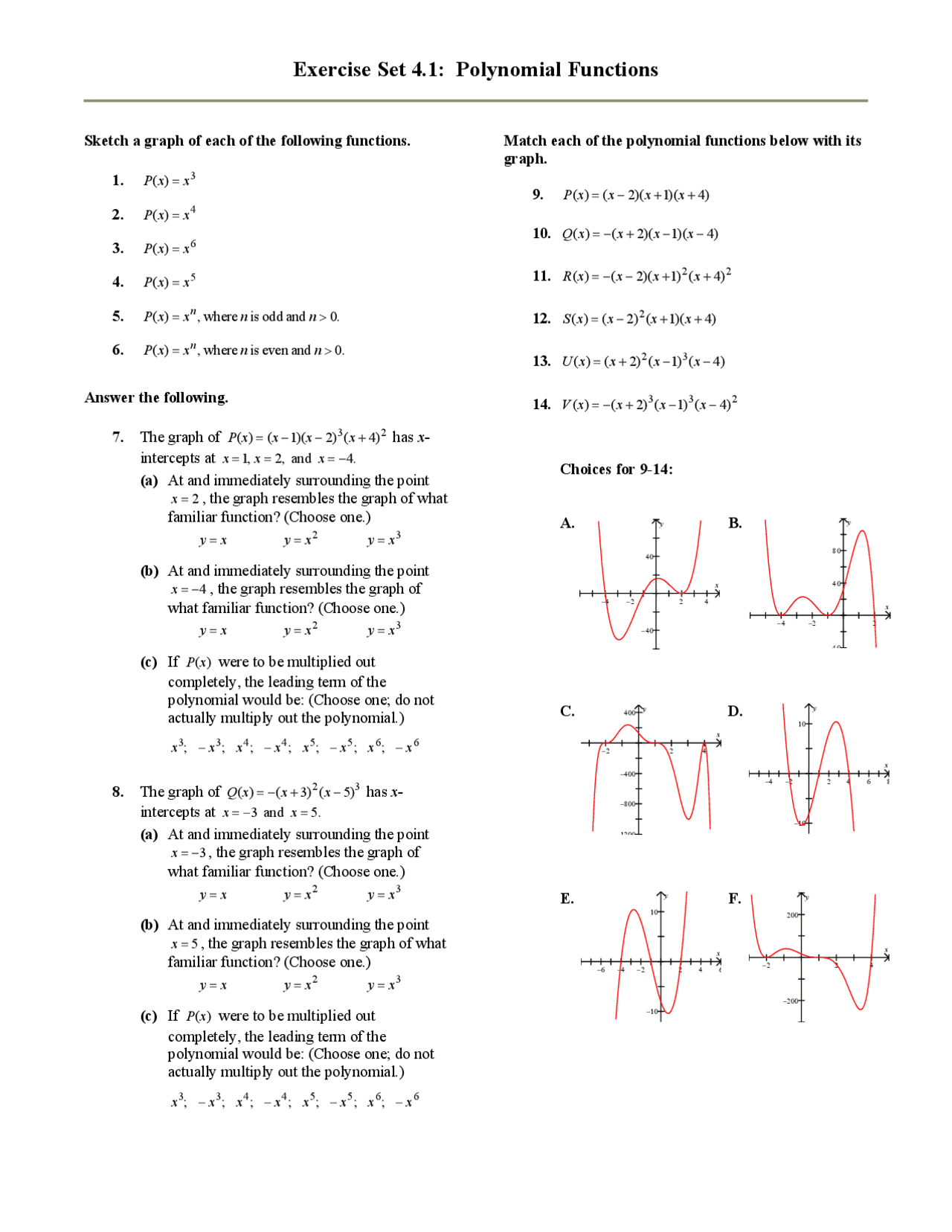 Exercise Set 4.1: Polynomial Functions | MATH 1310 - Docsity