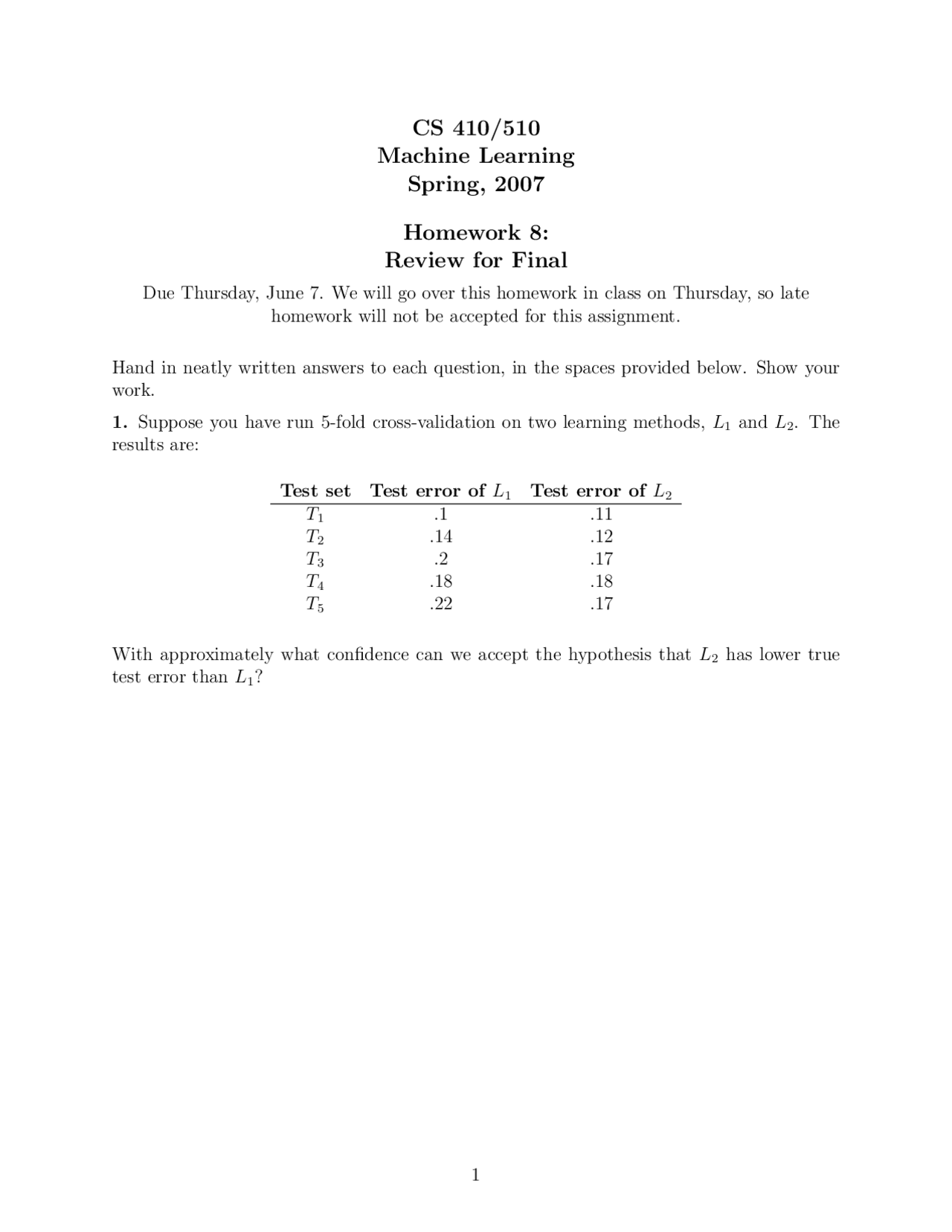 Homework 8 Review For Final Exam On Machine Learning Cs 410 Assignments Computer Science 1850