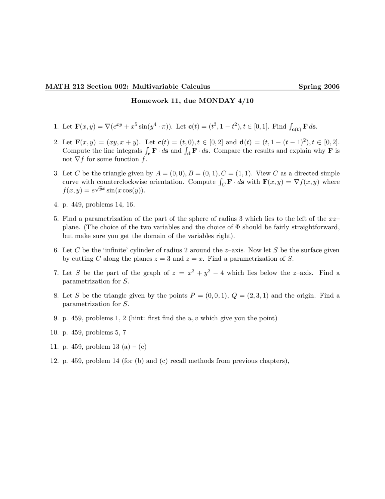 Multivariable Calculus 12 Questions In Homework 11 Math 212 Docsity