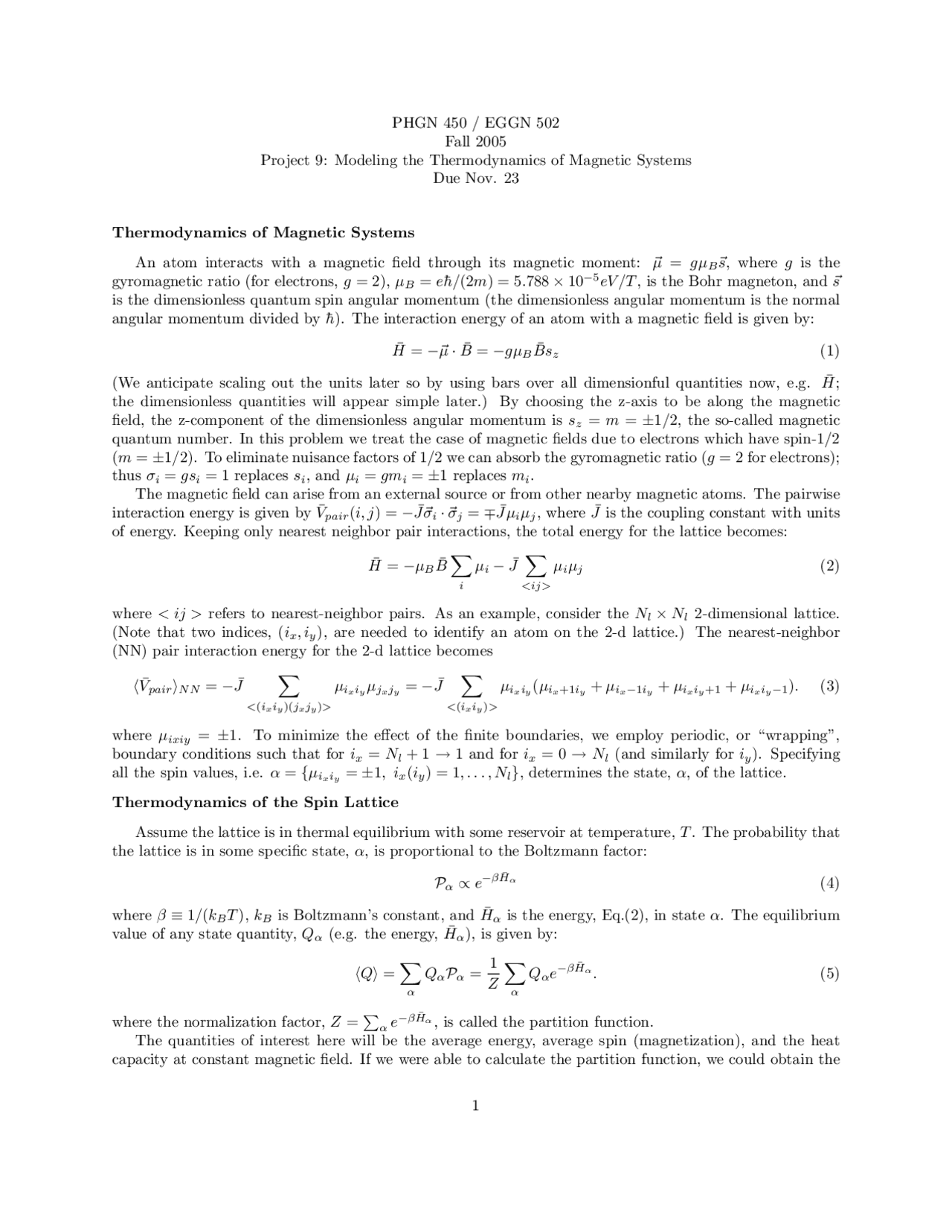 Project 9 Modeling The Thermodynamics Of Magnetic Systems Eggn 502