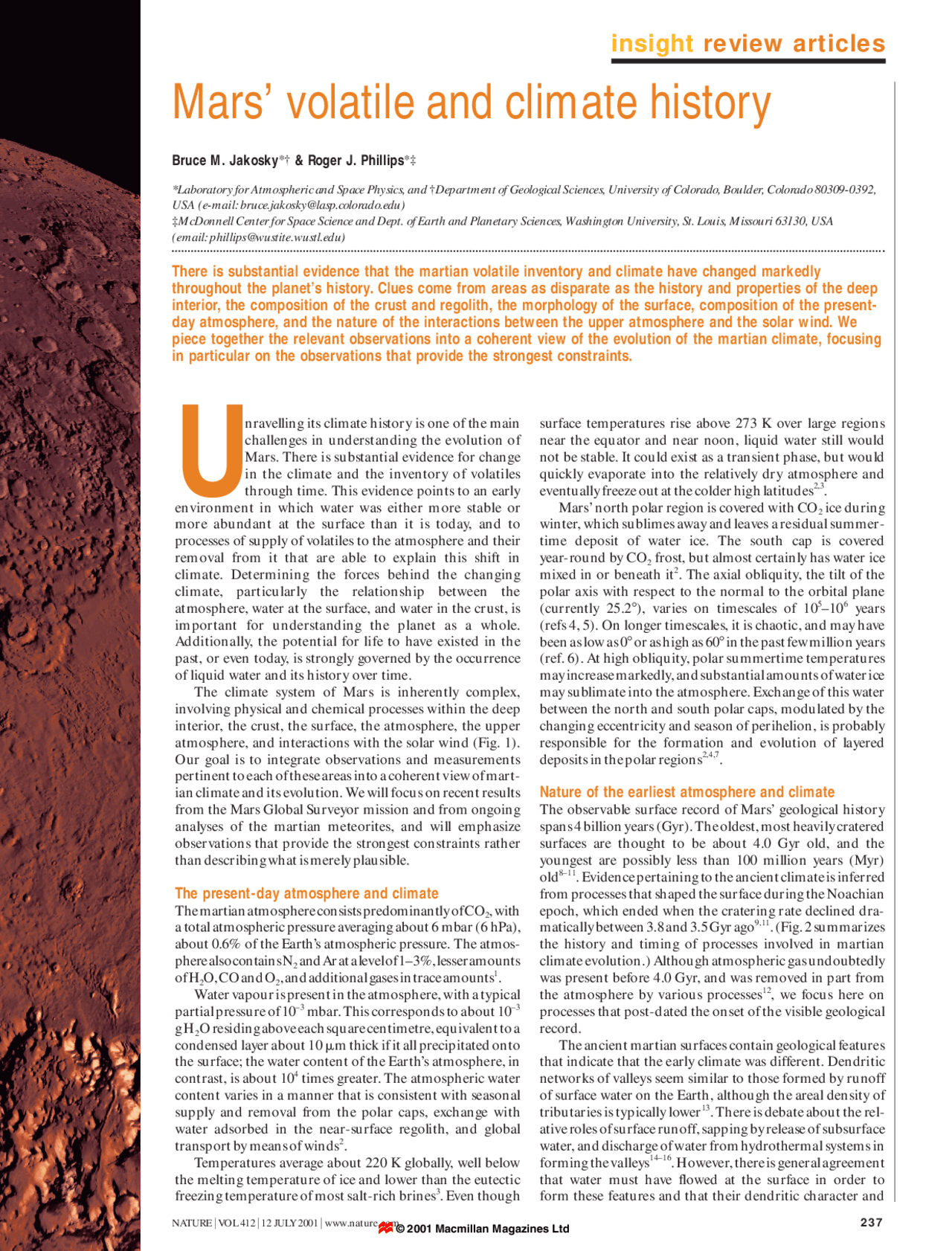 Mars' Volatile and Climate History - Review Article | EPS 465 - Docsity