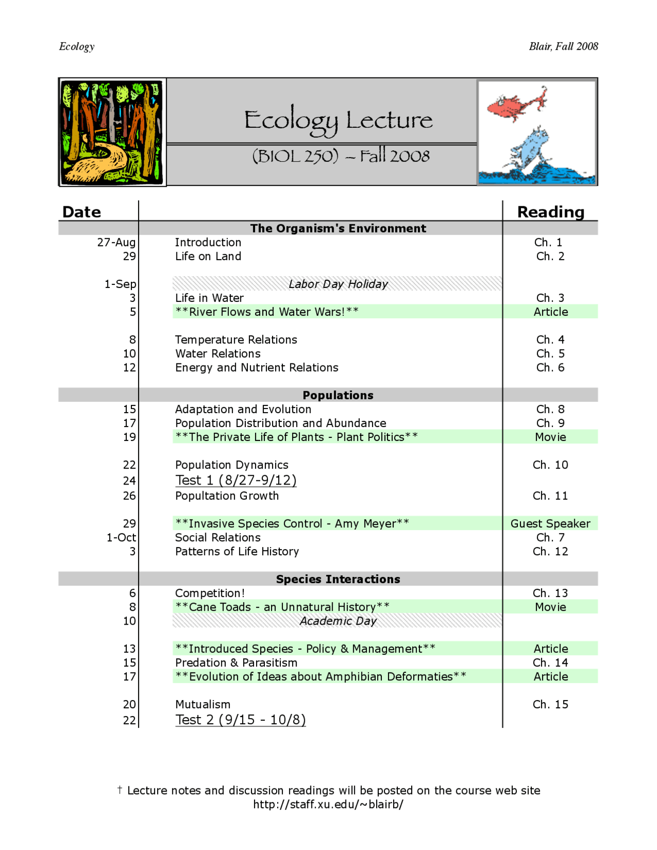 Human Anatomy Ecology Syllabus Schedule Biol 250 Docsity