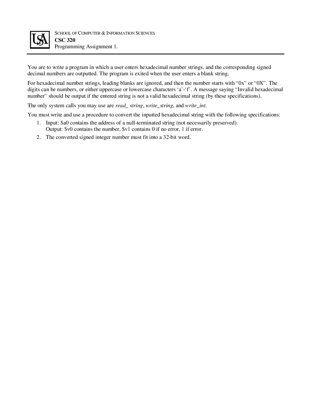 Programming Assignment 1 Computer Organization Architecture Csc 320 Docsity