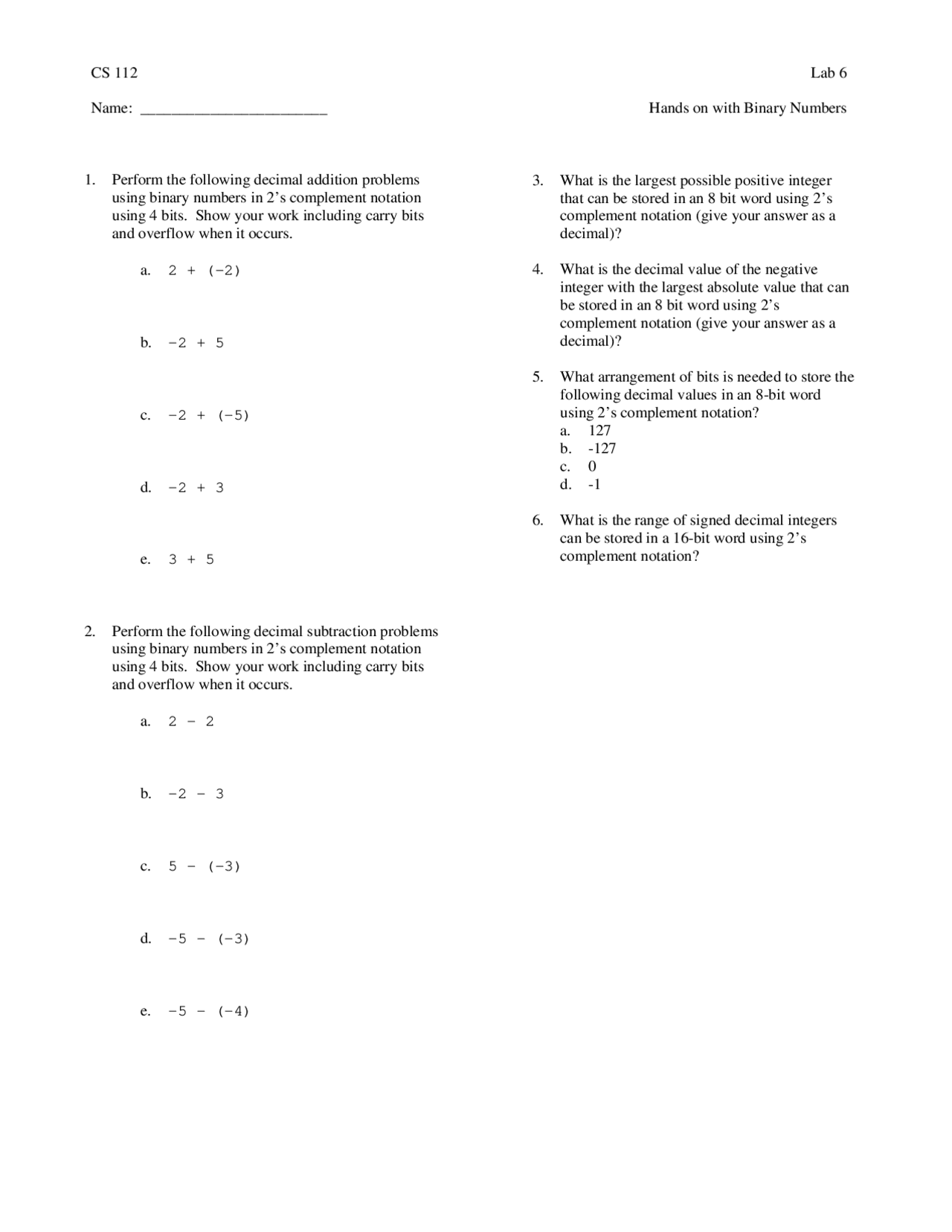 Hands On With Binary Numbers Laboratory 6 Report Cs 112 Docsity