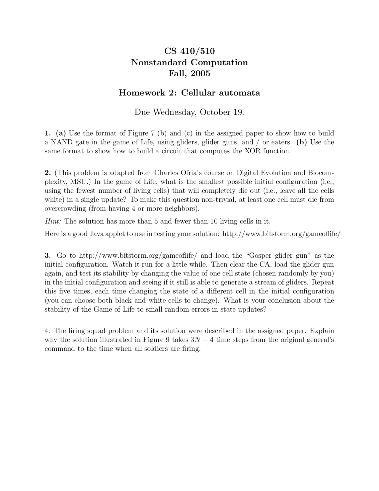 Homework 2: Cellular Automata - Non Standard Computation | CS 410 - Docsity
