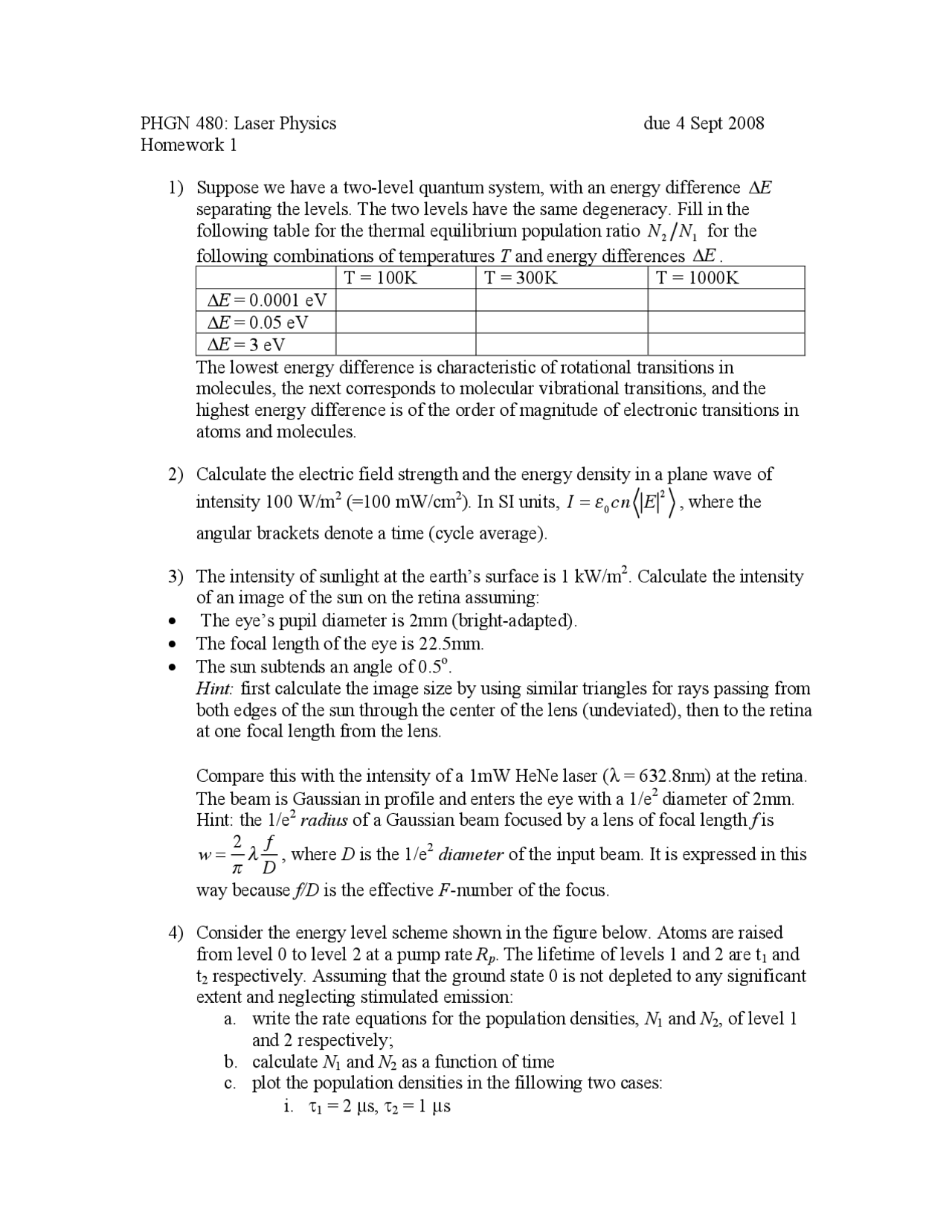 Solved Homework 1 Laser Physics Fall 2008 Phgn 480 Docsity